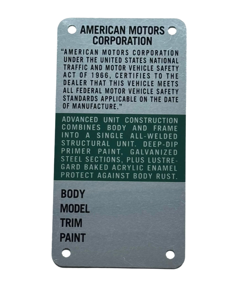 Door Tag, Show Quality Reproduction, (Green and Silver) - 1968 AMC – ScoCar
