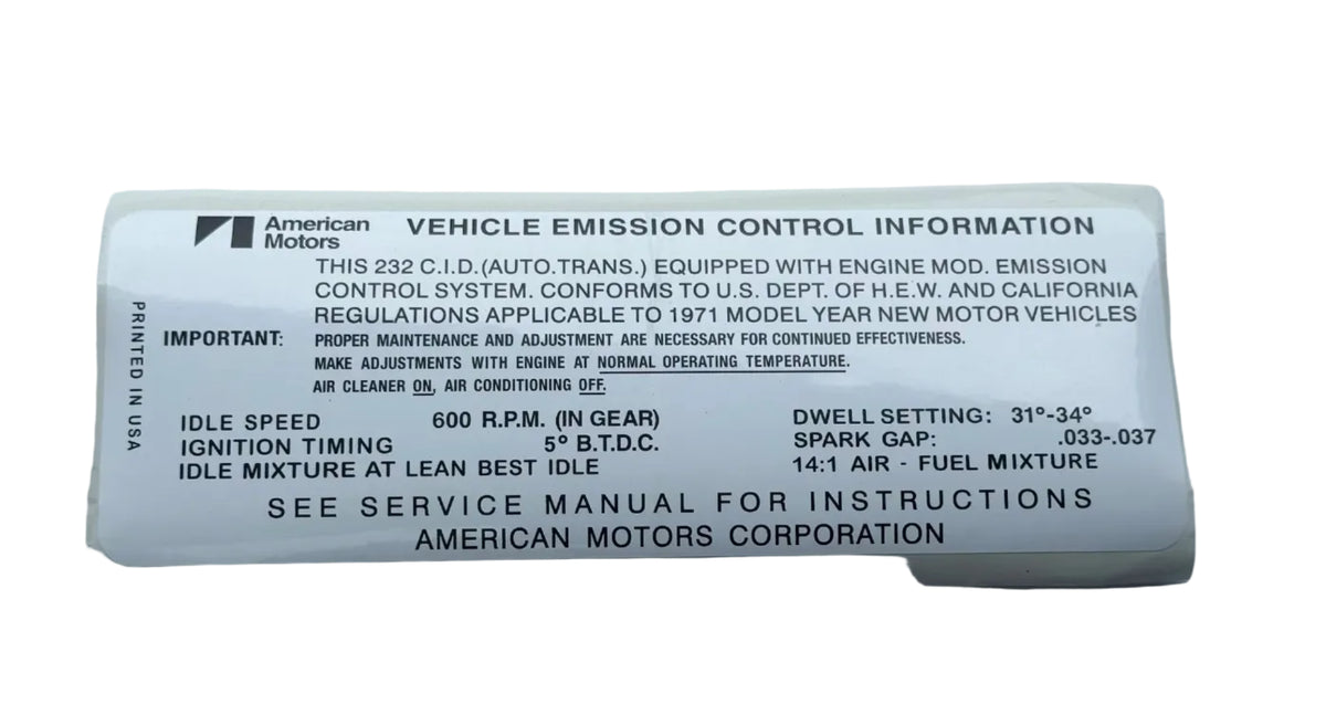 Engine Emissions Decal, 232 Inline 6, Automatic, 1971 AMC Ambassador ...